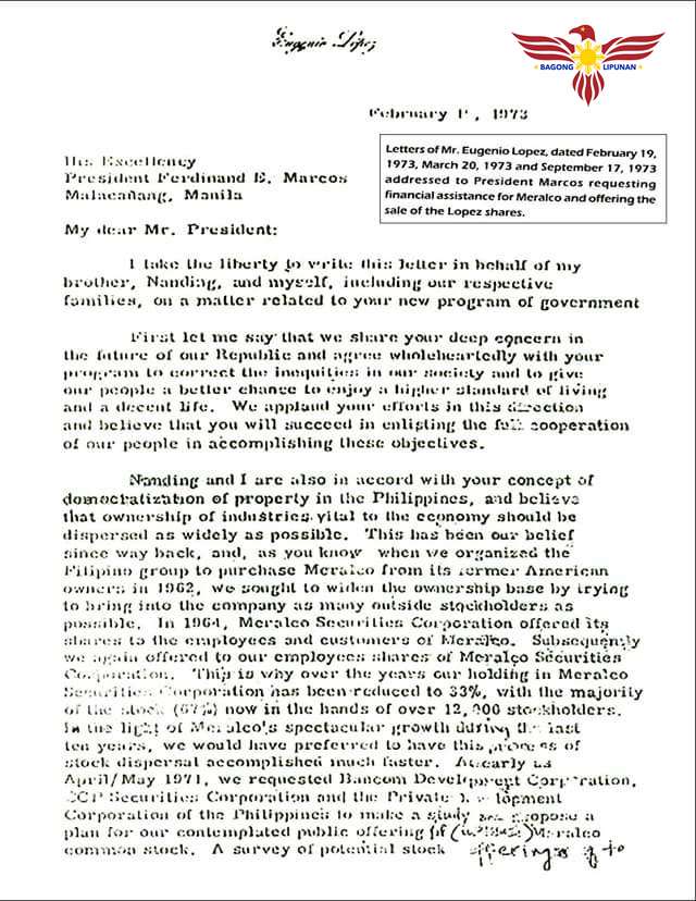 The first letter of Lopez asking Marcos to save MERALCO from bankruptcy ...